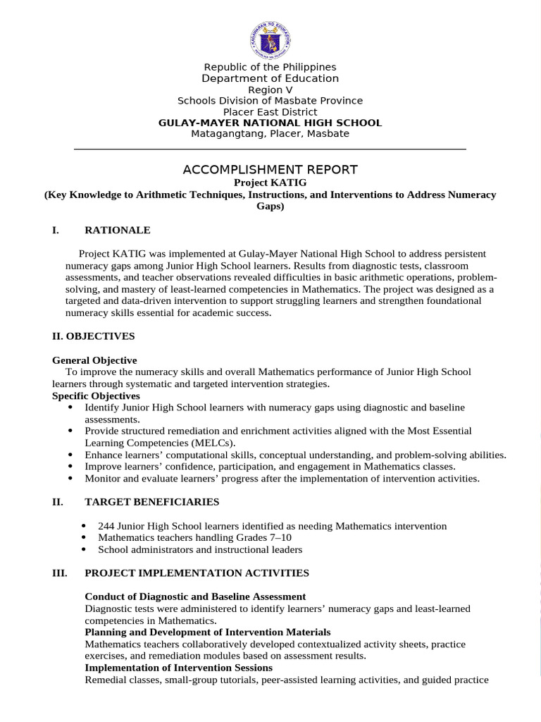 Accomplishment Report for Project KAtig- Gulay-Mayer NHS | PDF ...