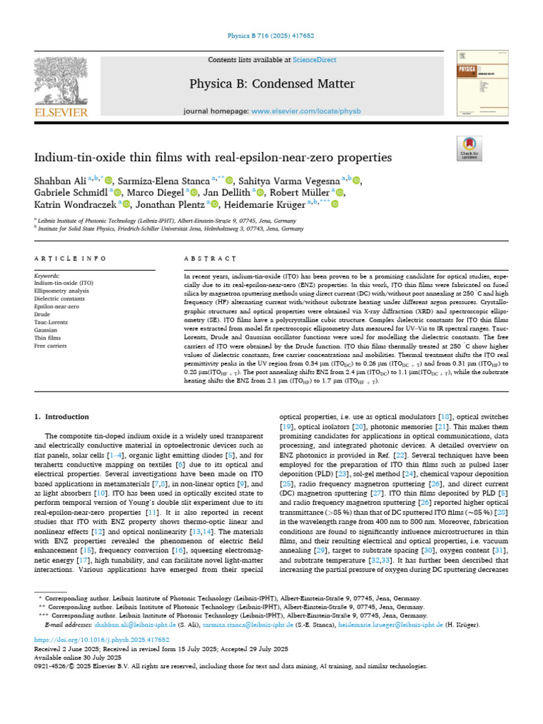 Indium Tin Oxide Thin Films With Real Epsilon Near Zero Properties ...
