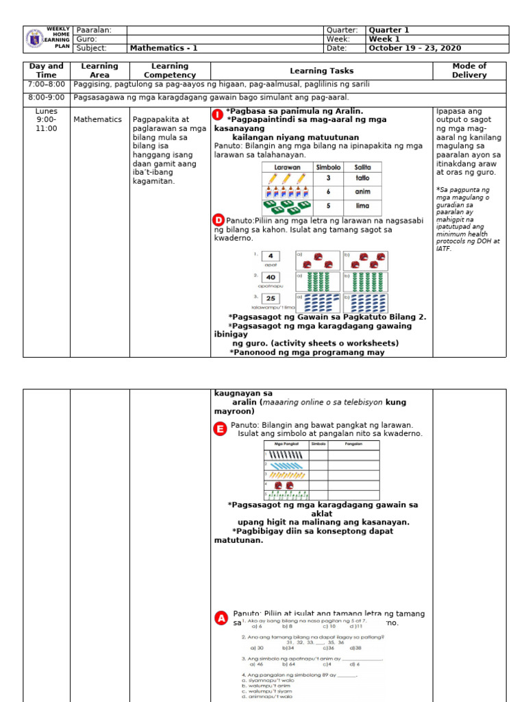 WHLP Grade 1 Mathematics - Week 1 | PDF