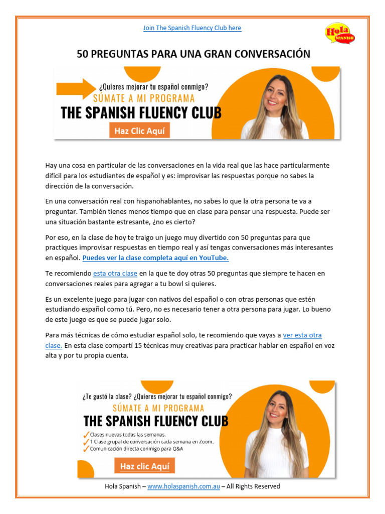 50 Questions For A Great Conversation in Spanish | PDF