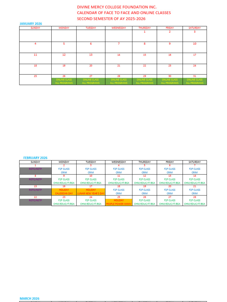 f2f Class Calendar 2nd Sem Ay 2025 2026 | PDF | Observances
