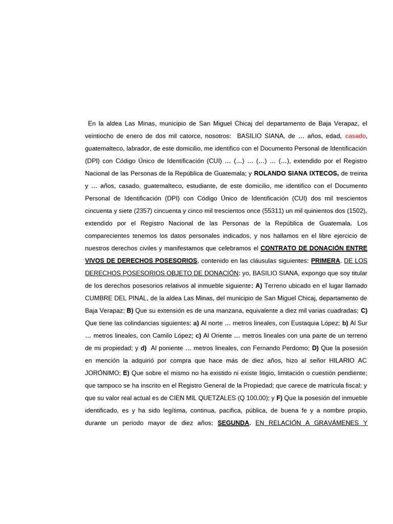 Donacion de Derechos Posesorios Basilio Siana a Favor de Rolando Siana ...