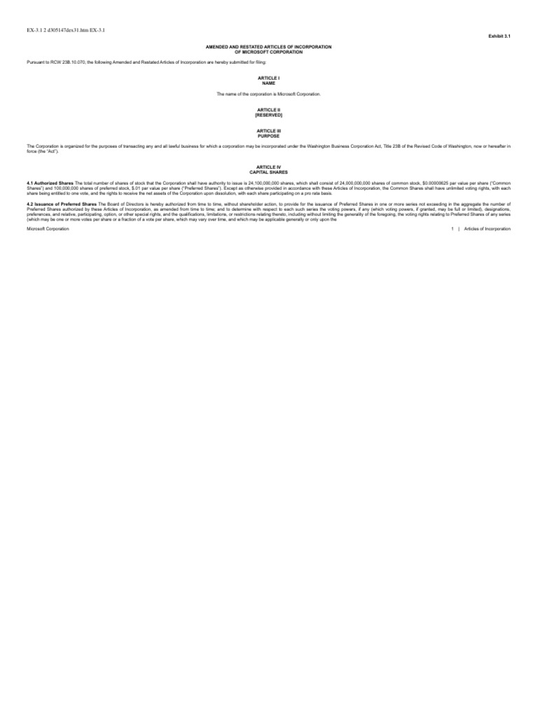 Articles of Incorp Microsoft | PDF | Indemnity | Preferred Stock
