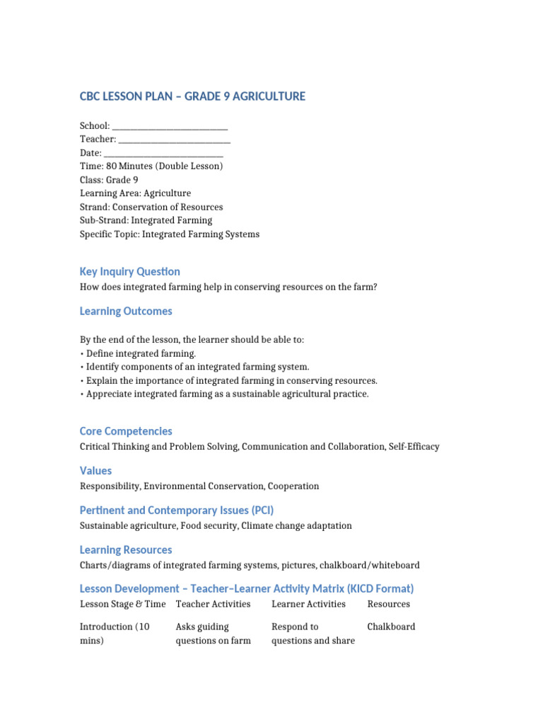 Grade 9 Agriculture Integrated Farming Lesson Plan | PDF | Lesson Plan ...