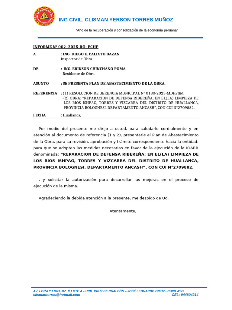 INFORME N° 002 - SE PRESENTA PLAN DE ABASTECIMIENTO DE LA OBRA | PDF