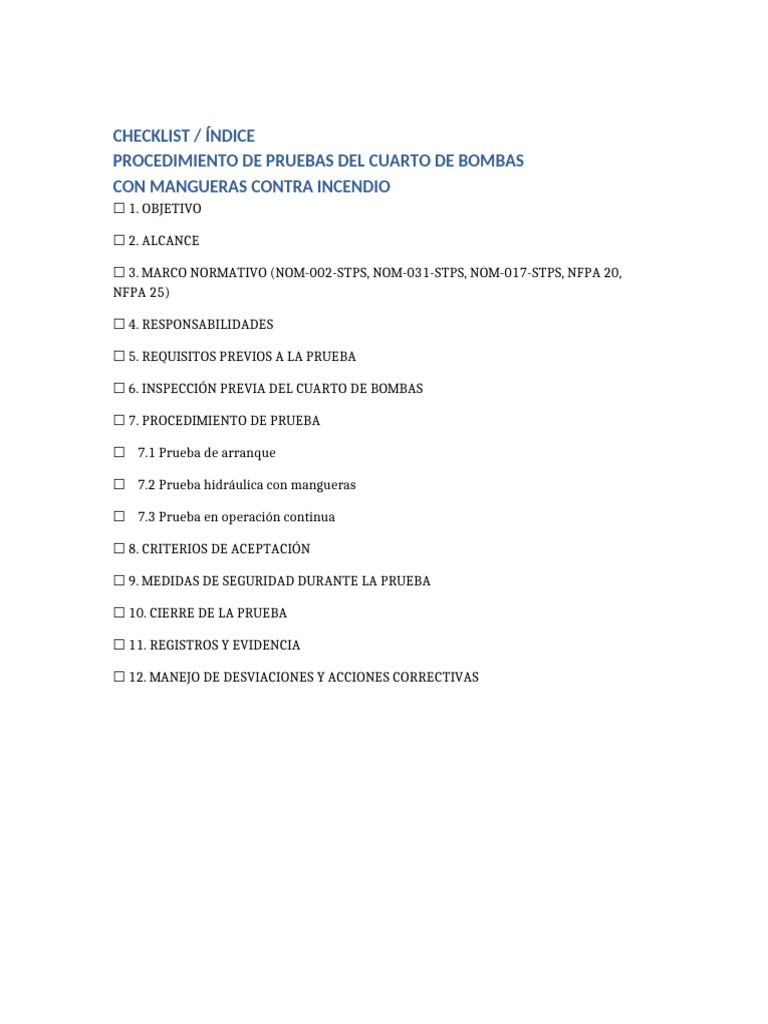Checklist Procedimiento Prueba Cuarto de Bombas | PDF