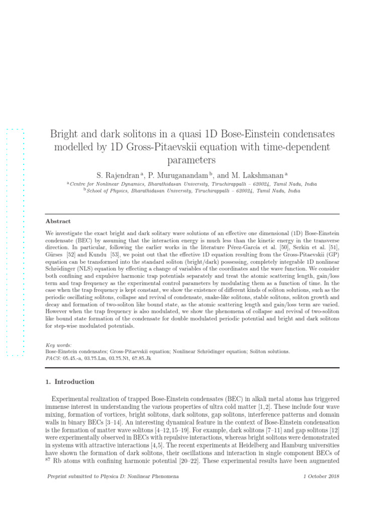 Bright and Dark Solitons in A Quasi 1D Bose-Einstein Condensates | PDF ...