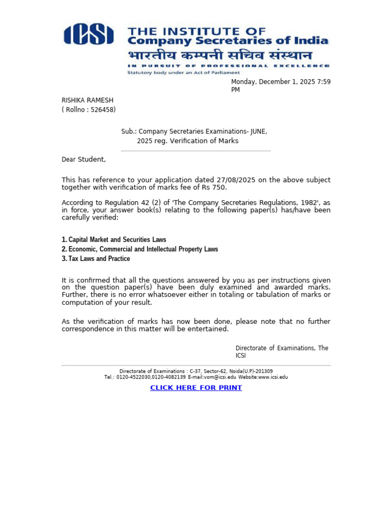 ICSI-Verification of Marks No Change Letter | PDF