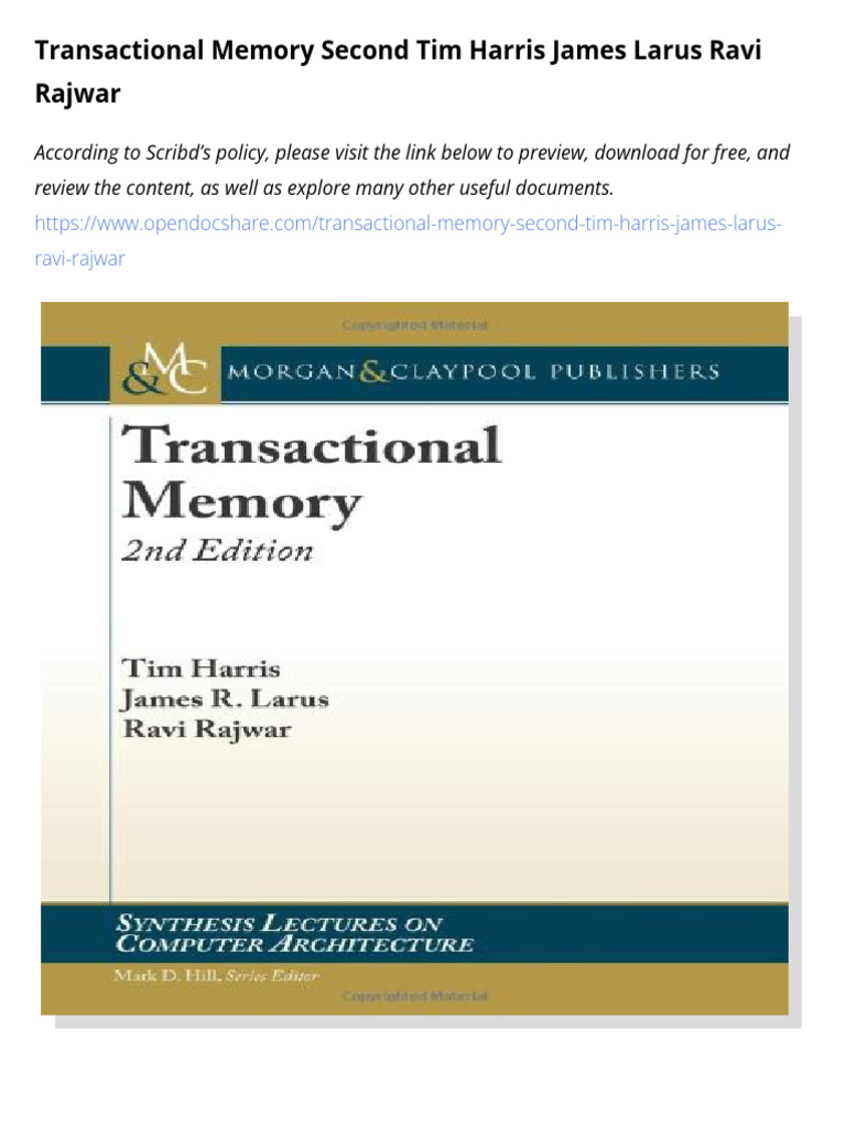 Transactional Memory Second Tim Harris James Larus Ravi Rajwar | PDF ...