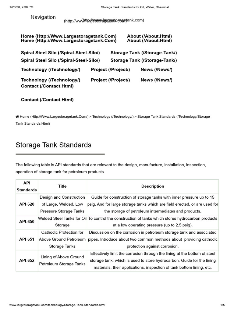 Storage Tank Standards For Oil, Water, Chemical | PDF | Chemical ...