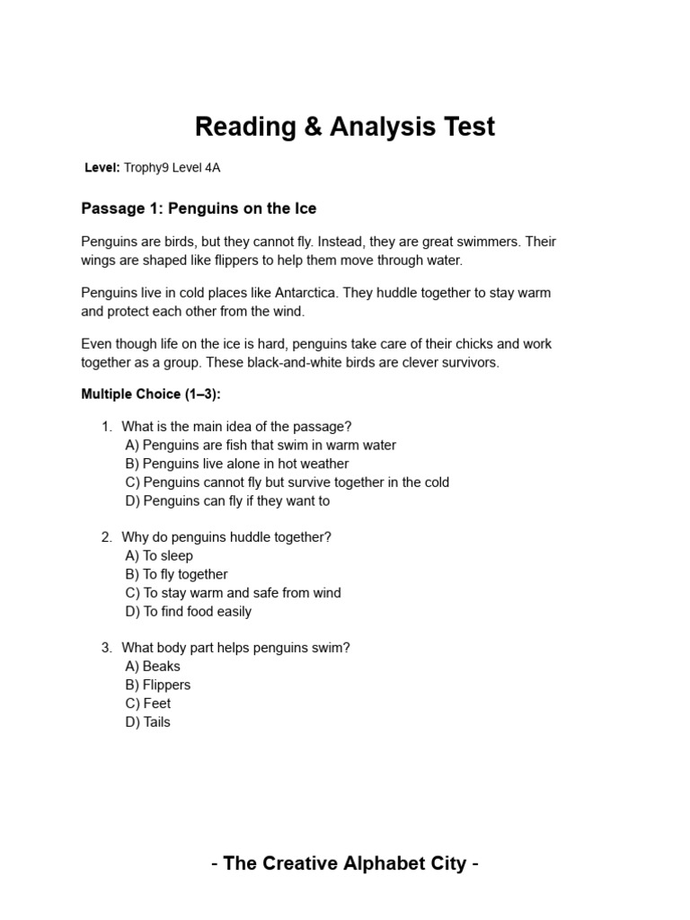R4A & R4B Reading Comprehension Test | PDF | Penguin | Reading ...