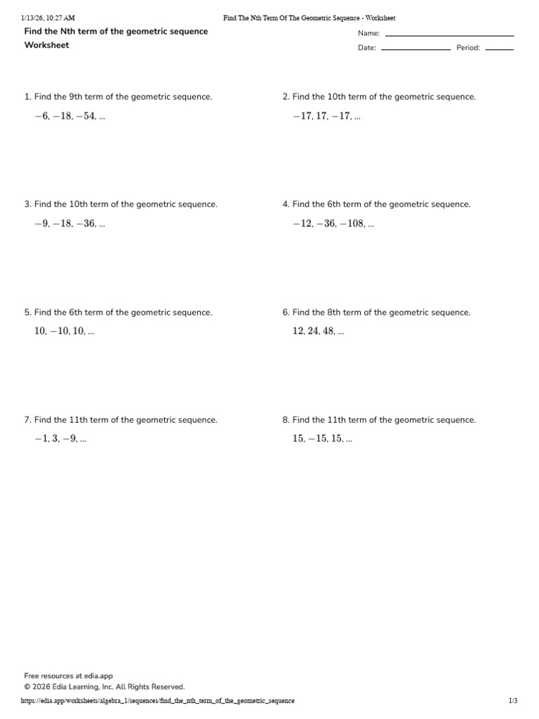 Find the Nth Term of the Geometric Sequence - Worksheet | PDF | Chess ...