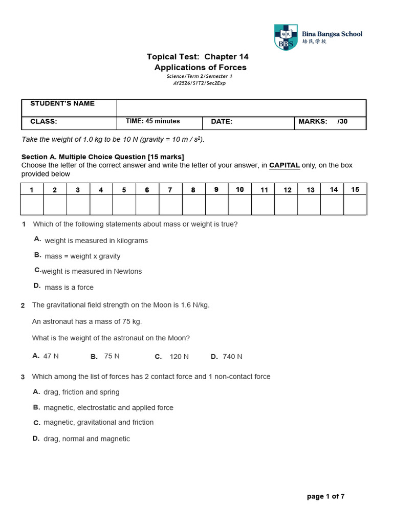 2526 S2 Science Exp C14 Topical Test QP | PDF | Weight | Force