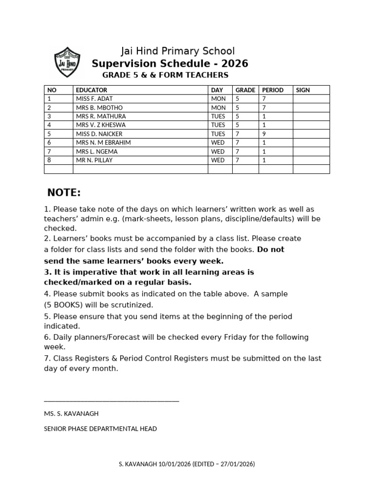 Supervision Schedule - 2026-1 | PDF