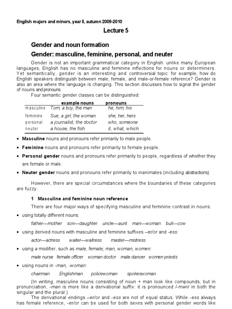 Gender and Noun Formation Gender: Masculine, Feminine, Personal, and ...