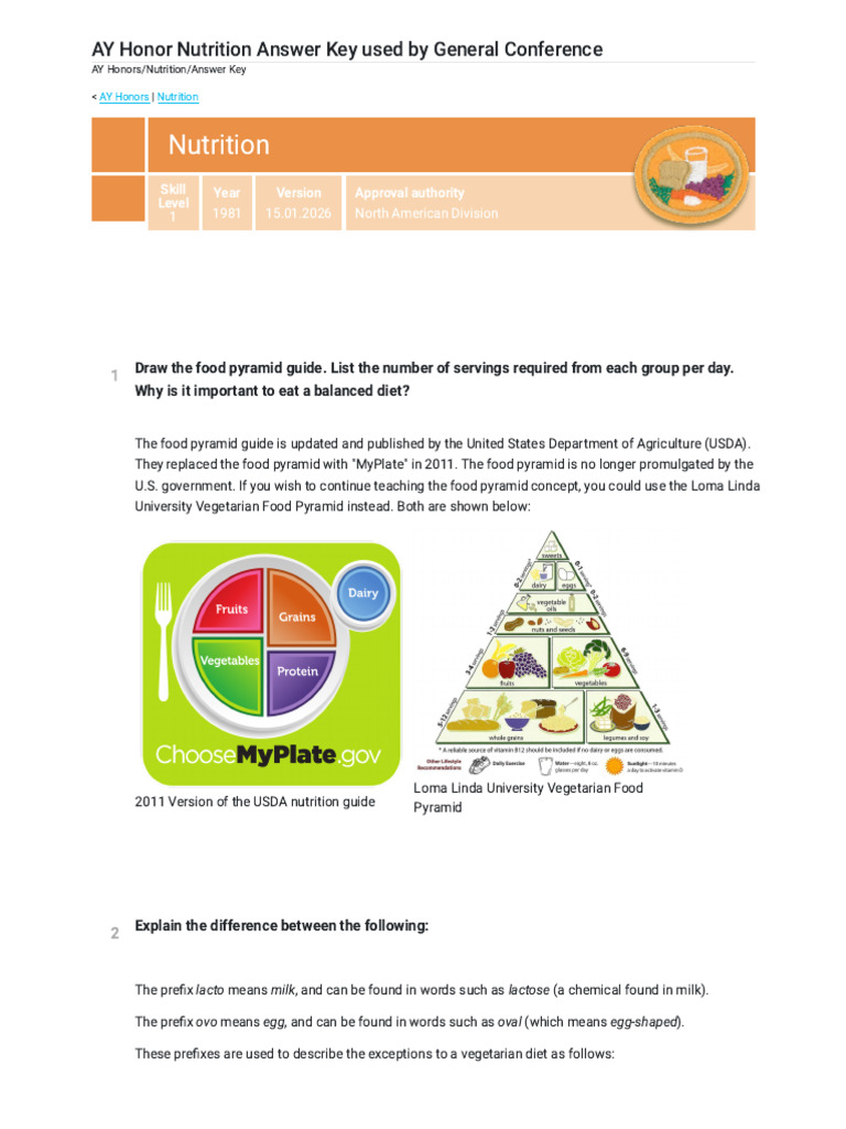 AY Honor Nutrition Answer Key Used by General Conference - Pathfinder ...