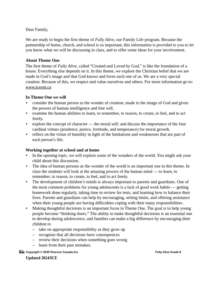 FINAL 2024 Fully Alive 8 Theme 1 Letter | PDF | Virtue | Courage