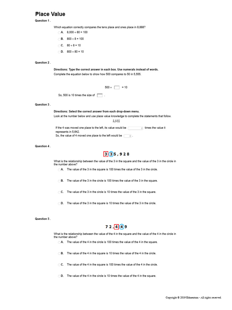 4.NBT.A1 Place Value 2 | PDF | Mathematics