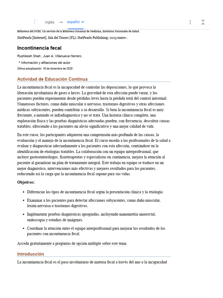 Incontinencia Fecal - StatPearls - Biblioteca Del NCBI | PDF | Heces ...