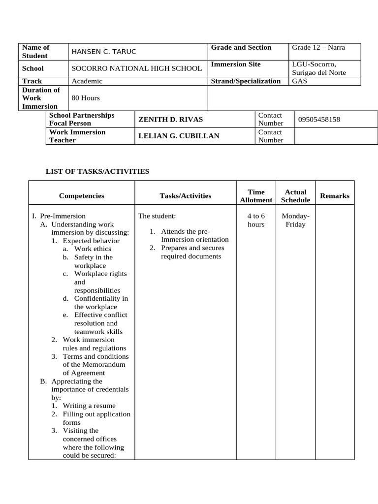 List of Activities For Work Immersion | PDF | Psychology | Social ...