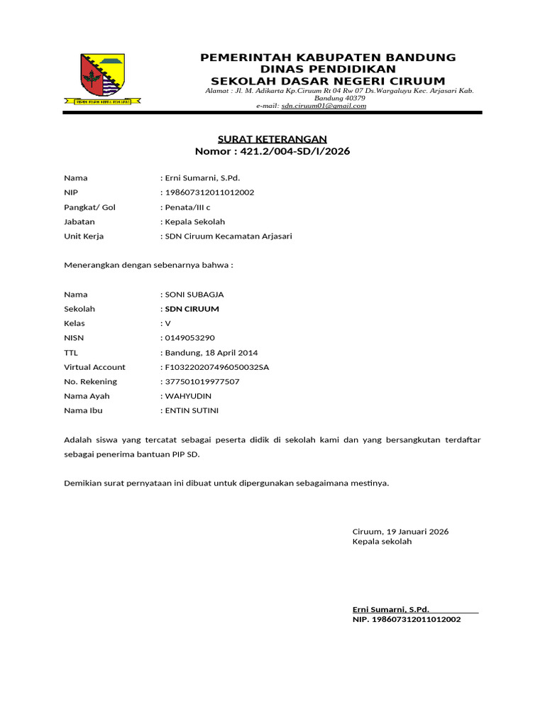 Surat Keterangan Tidak Mampu (Pip) 2023 | PDF