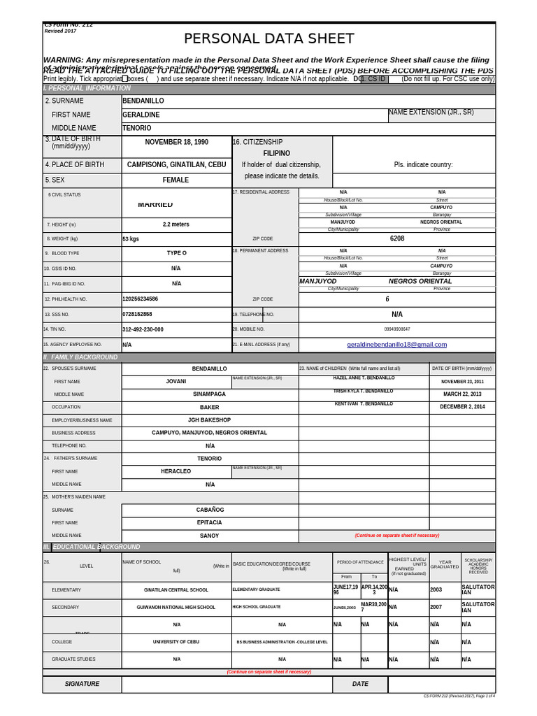 CS Form No. 212 Personal Data Sheet Revised (1) NEW | PDF | Government ...