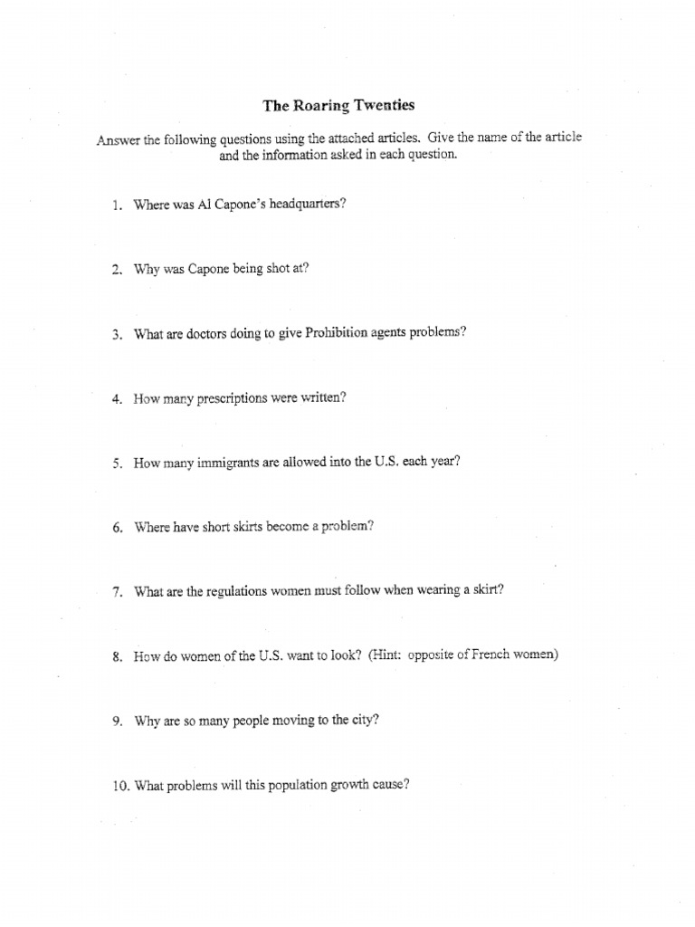 Roaring Twenties Worksheet | PDF