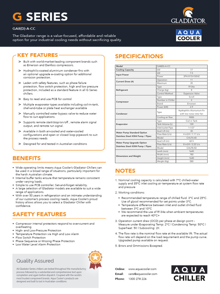 Aqua Cooler Gladiator GA8(D)-A-CC Data Sheet | PDF | Mechanical Engineering | Engineering ...