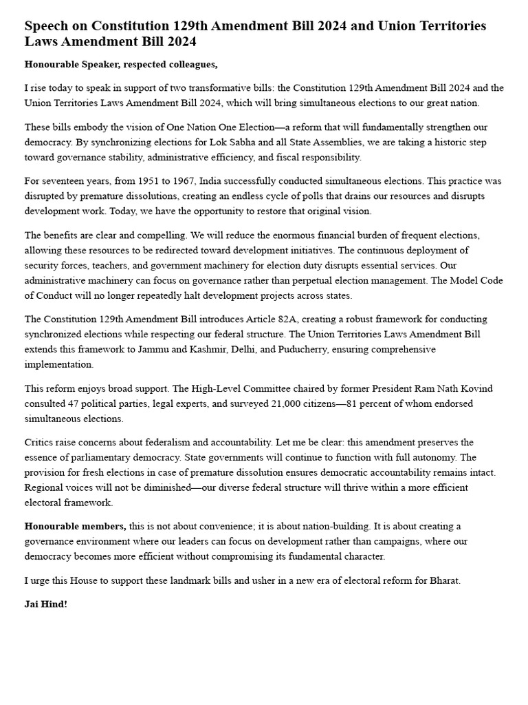 90-Opening Speech Second Speech on One Nation One Election Bills ...