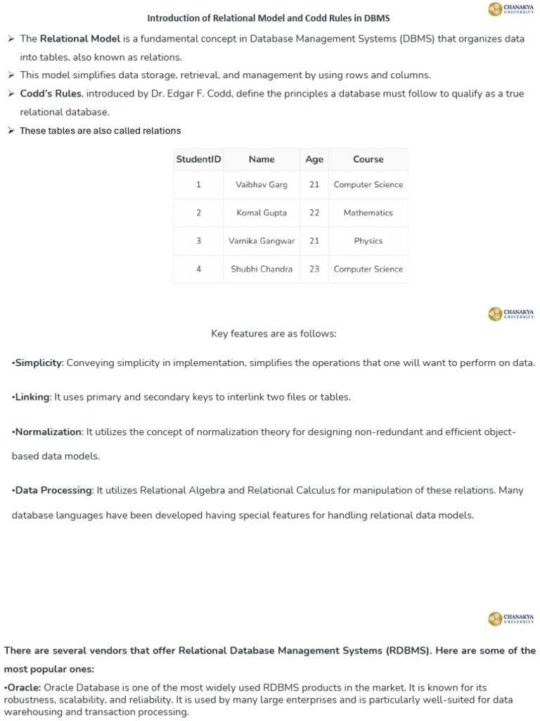 Introduction of Relational Model and Codd Rules in DBMS | PDF ...