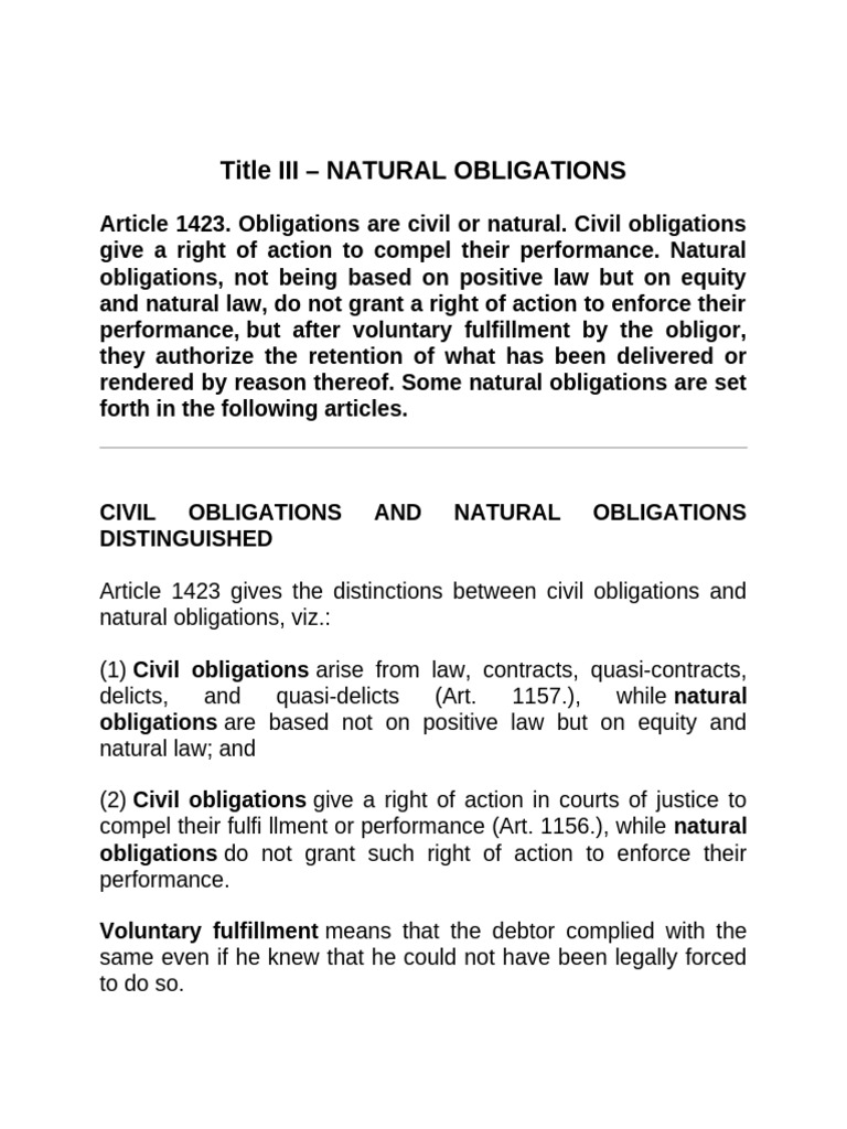 Natural Obligations | PDF | Law Of Obligations | Will And Testament