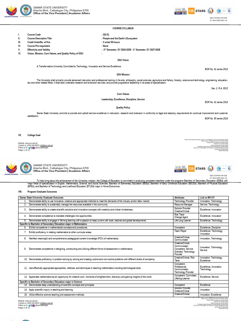 Revised Ge E1 Course Syllabus 2nd Semester 2025 2026 | PDF | Pedagogy ...