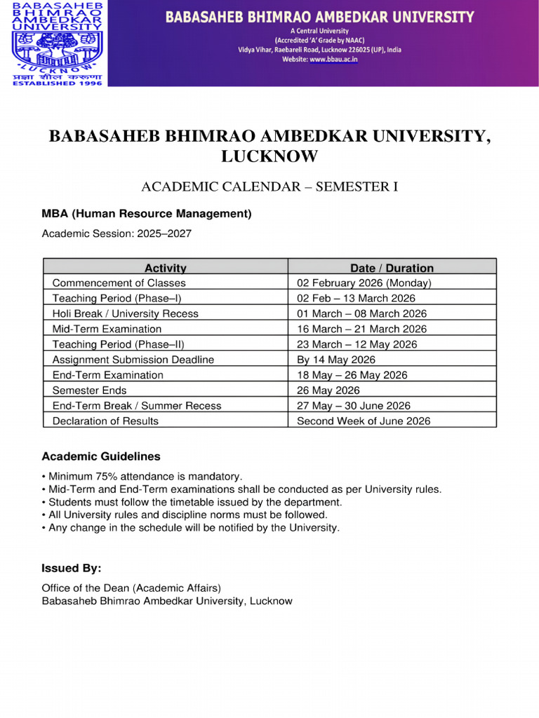 Academic Calendar For Semester I - MBA (HRM) 2025-2027 | PDF