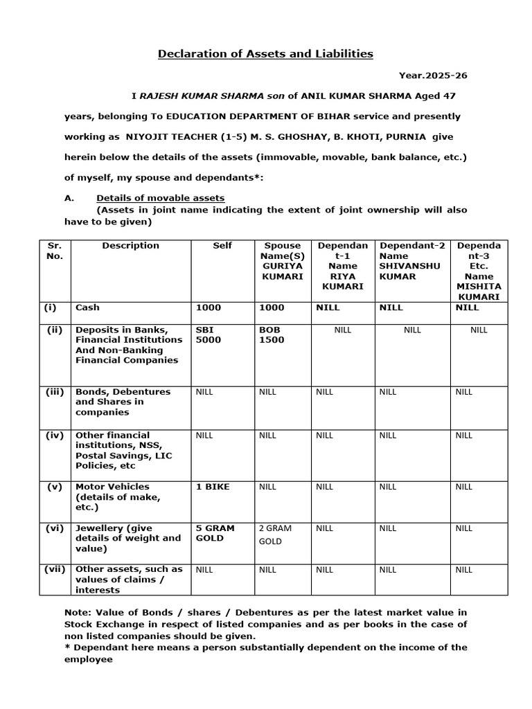 Assets Declaration Formate Soft | PDF | Private Sector | Financial Services