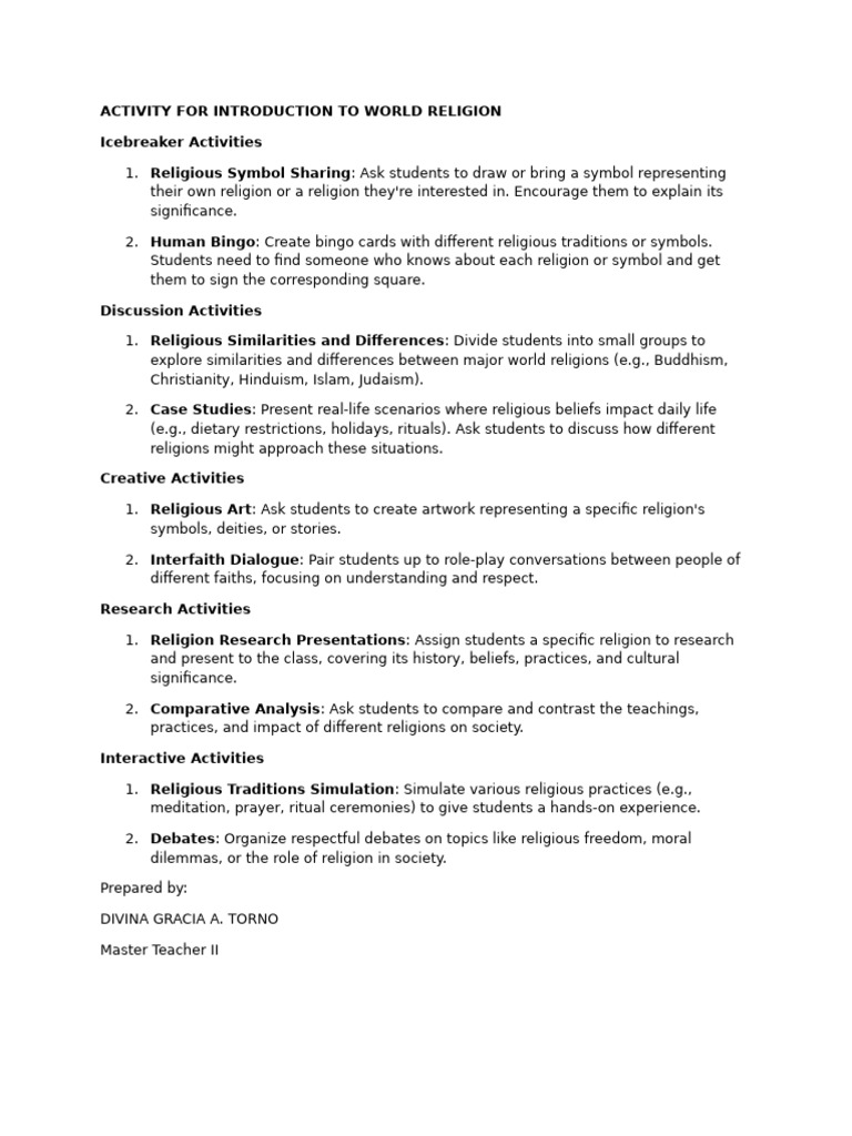Activity for Introduction to World Religion | PDF