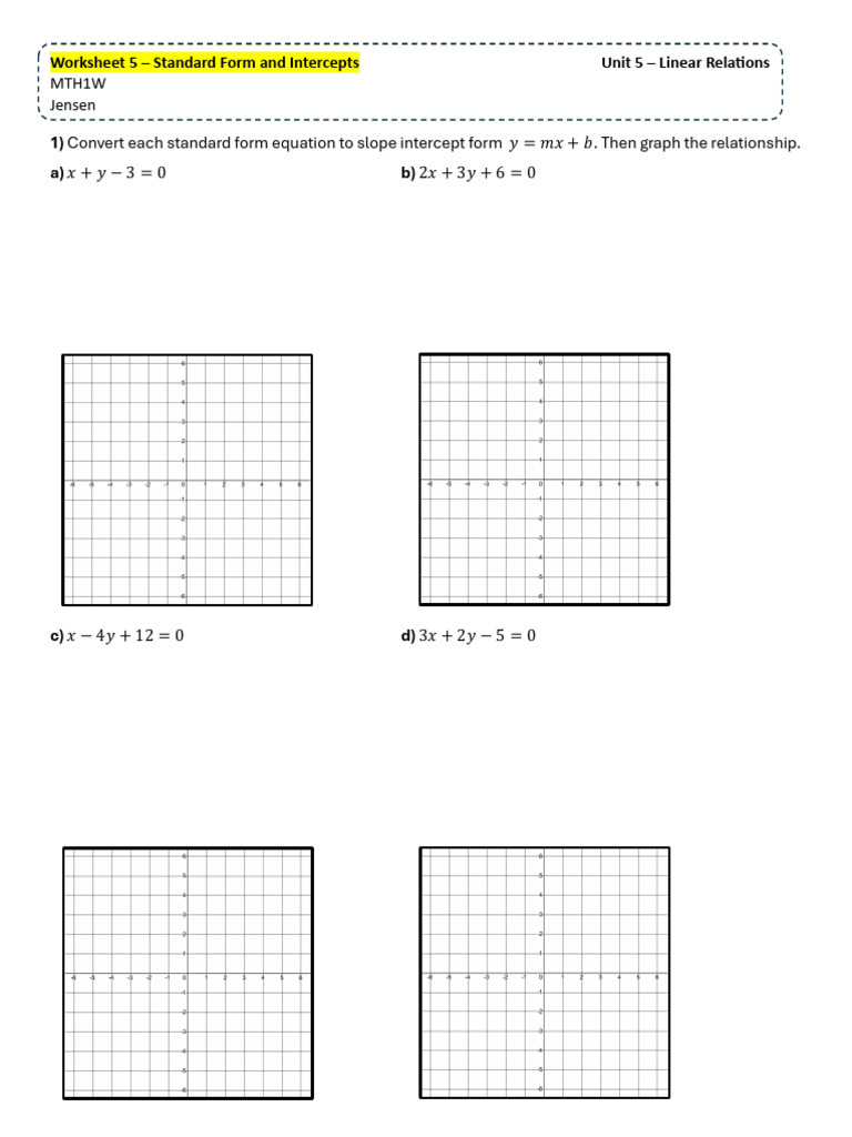 Convert Each Standard Form Equation To Slope Intercept Form - Then ...