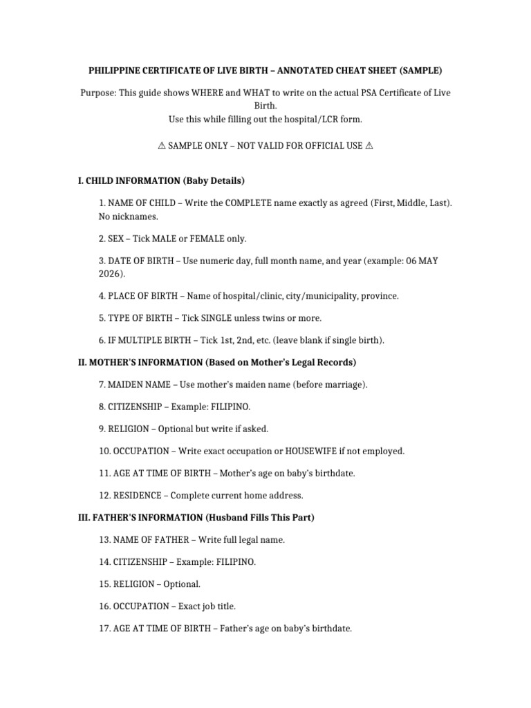 PSA Birth Certificate Annotated Cheat Sheet | PDF