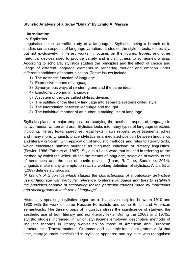 Stylistic Analysis of the Siday “Bulan” by Ernilo A. Maraya | PDF ...