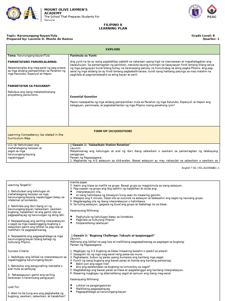 Filipino 8 q1 Learning Plan | PDF