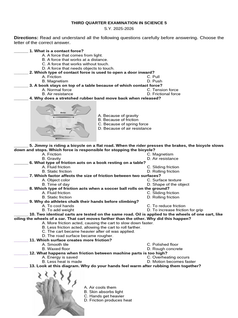 SCIENCE5-Q3-EXAM SY 2025-2026 | PDF | Friction | Force