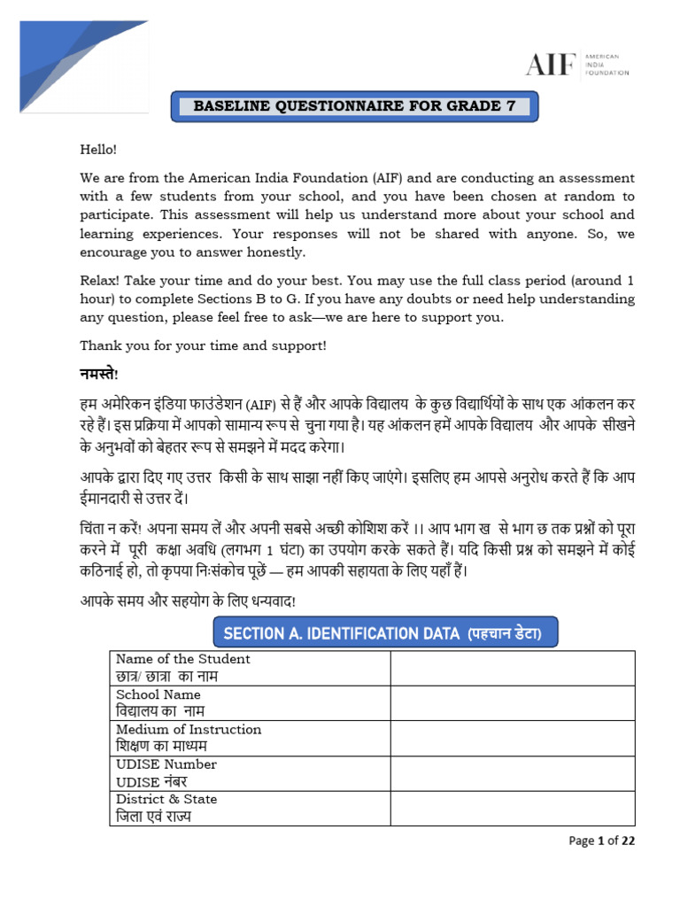Baseline Questionnaire For Grade 7 Students Bilingual | PDF
