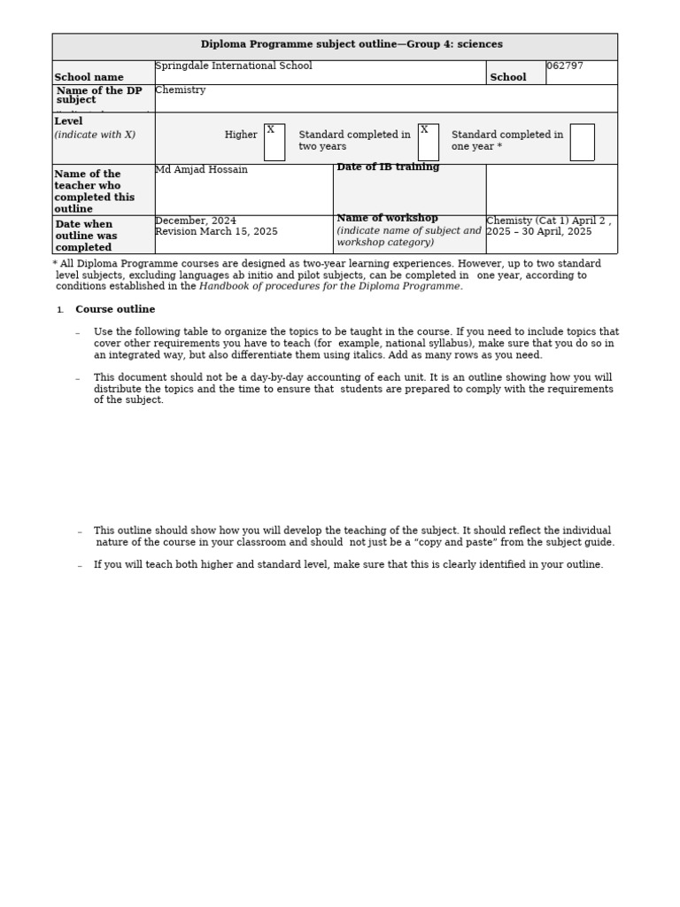 DP Chemistry Course Outline | PDF | Environmental Science | Experiment