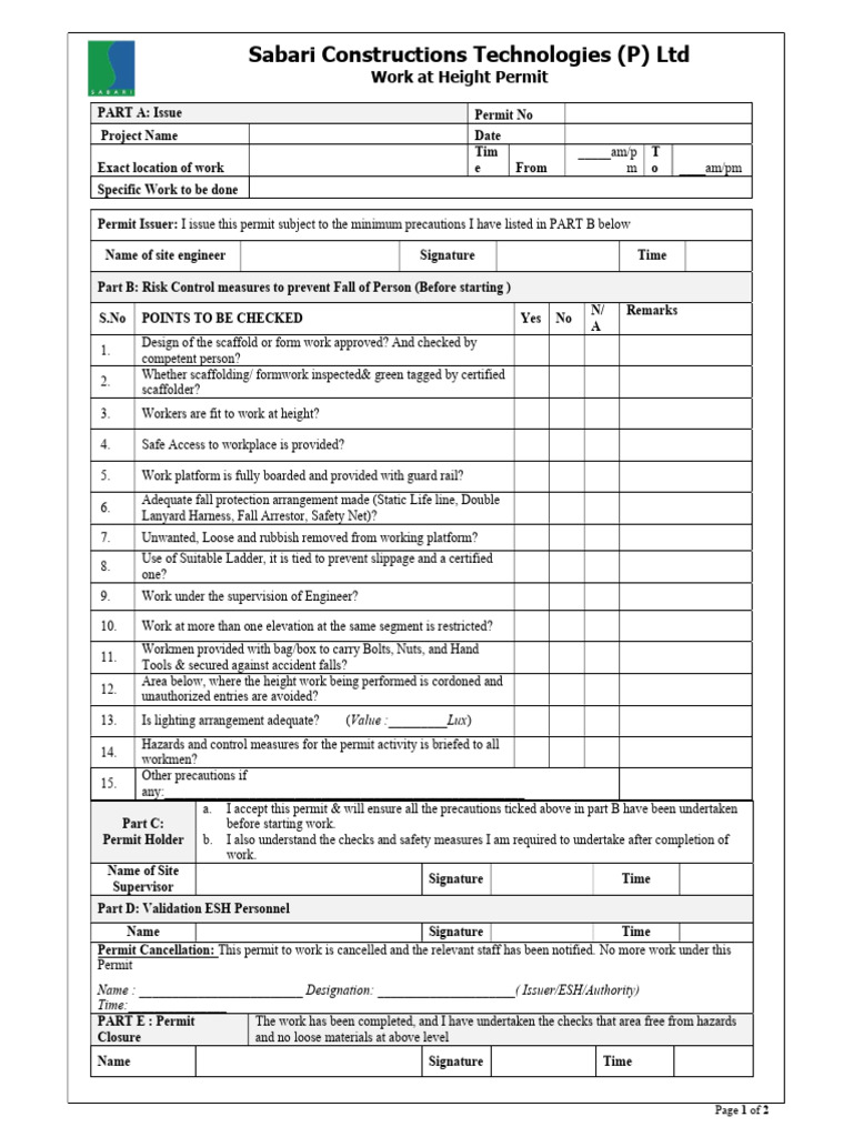 Work at Height Permit | PDF | Scaffolding | Safety