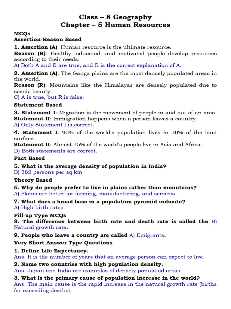 Class 8 Geography Chapter - 1 Human Resources Notes | PDF