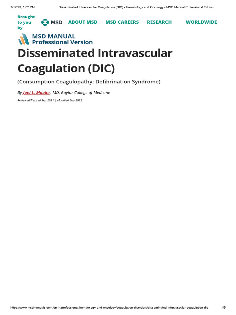 Disseminated Intravascular Coagulation DIC Hematology and Oncology ...
