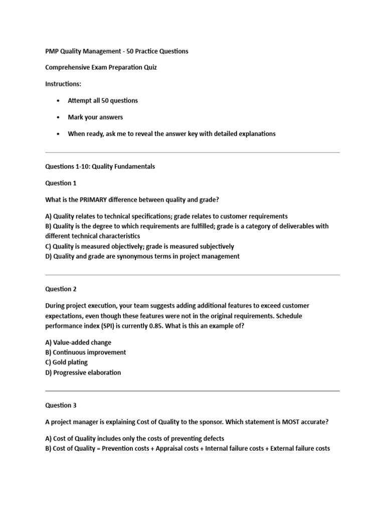 PMP Quality Management Claude Questions | PDF | Quality Management ...