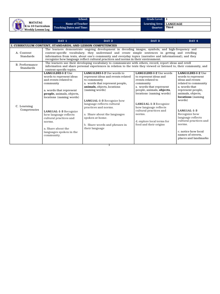 DLL Matatag Language 1 q3 w3 | PDF | Learning | Word