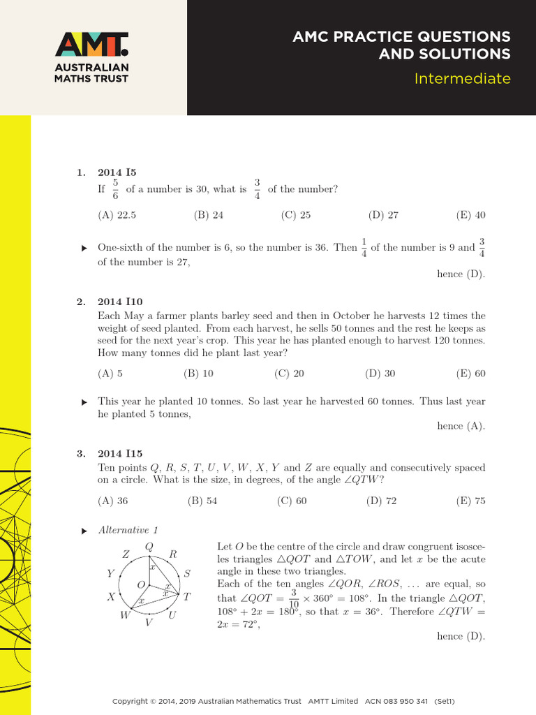 AMC - Practice Problems_Intermediate Division (Year 9-10) | PDF | Dice ...