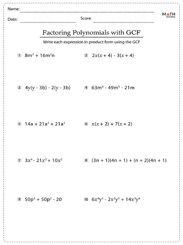 Factoring Polynomials GCF Worksheet | PDF