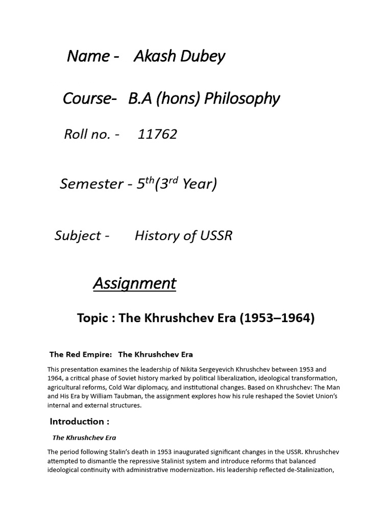 Hstory of USSR Assignment | PDF | Nikita Khrushchev | Soviet Union